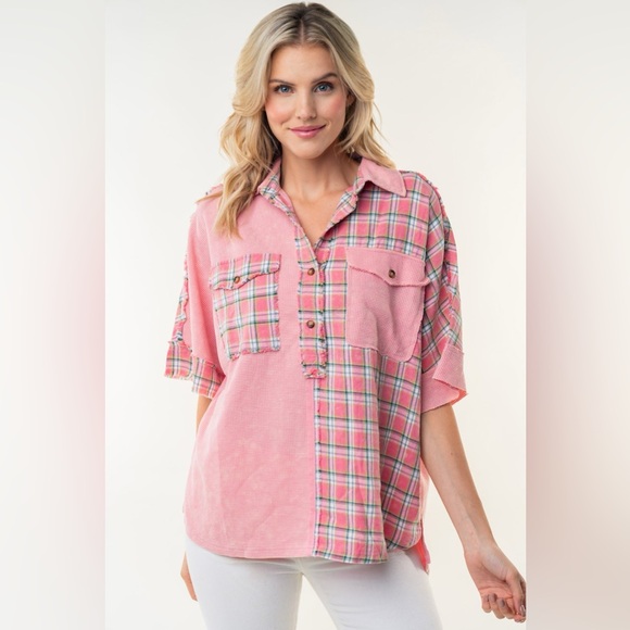 white birch | Tops | White Birch Plaid Color Block Half Button Top ...